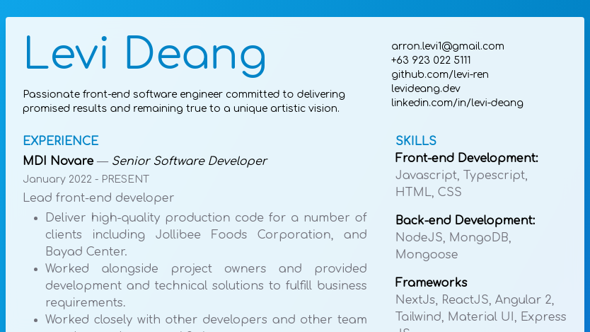 Levi Deang | Senior Software Engineer | Resume